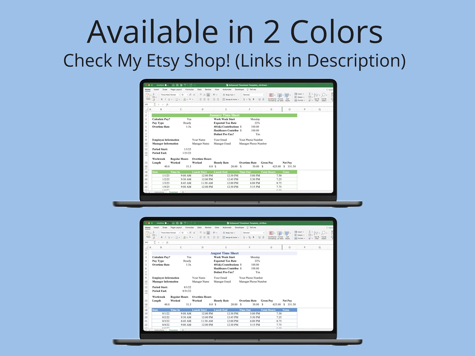 Enhanced Monthly Timesheet Template for Microsoft Excel & Google Sheets ...