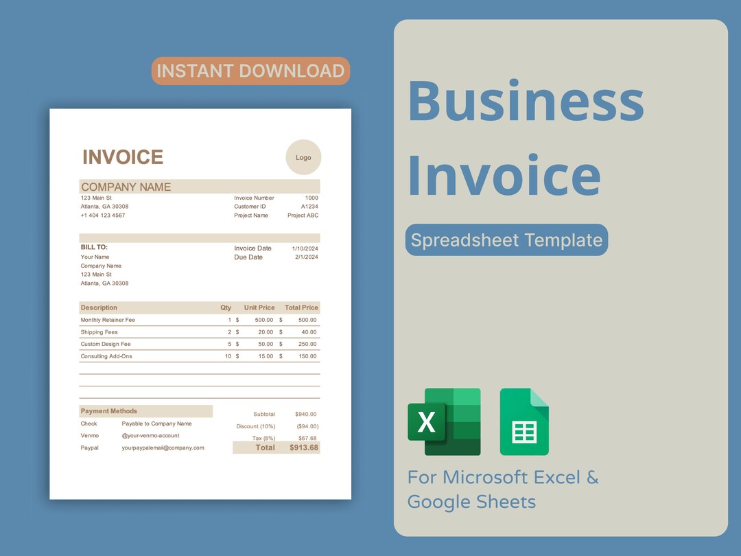 Business Invoice Template for Microsoft Excel & Google Sheets (tan) - Easy to Use Spreadsheet ...