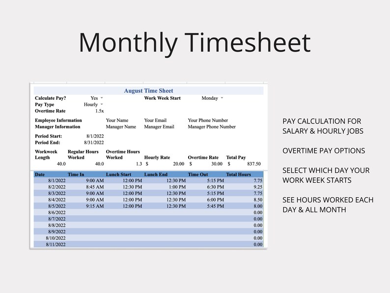 Monthly Timesheet Template for Google Sheets (blue) - Track Hours ...