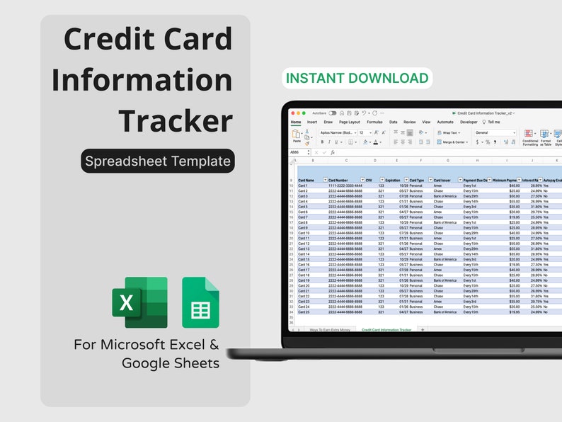 Credit Card Information Spreadsheet - Microsoft Excel & Google Sheets ...