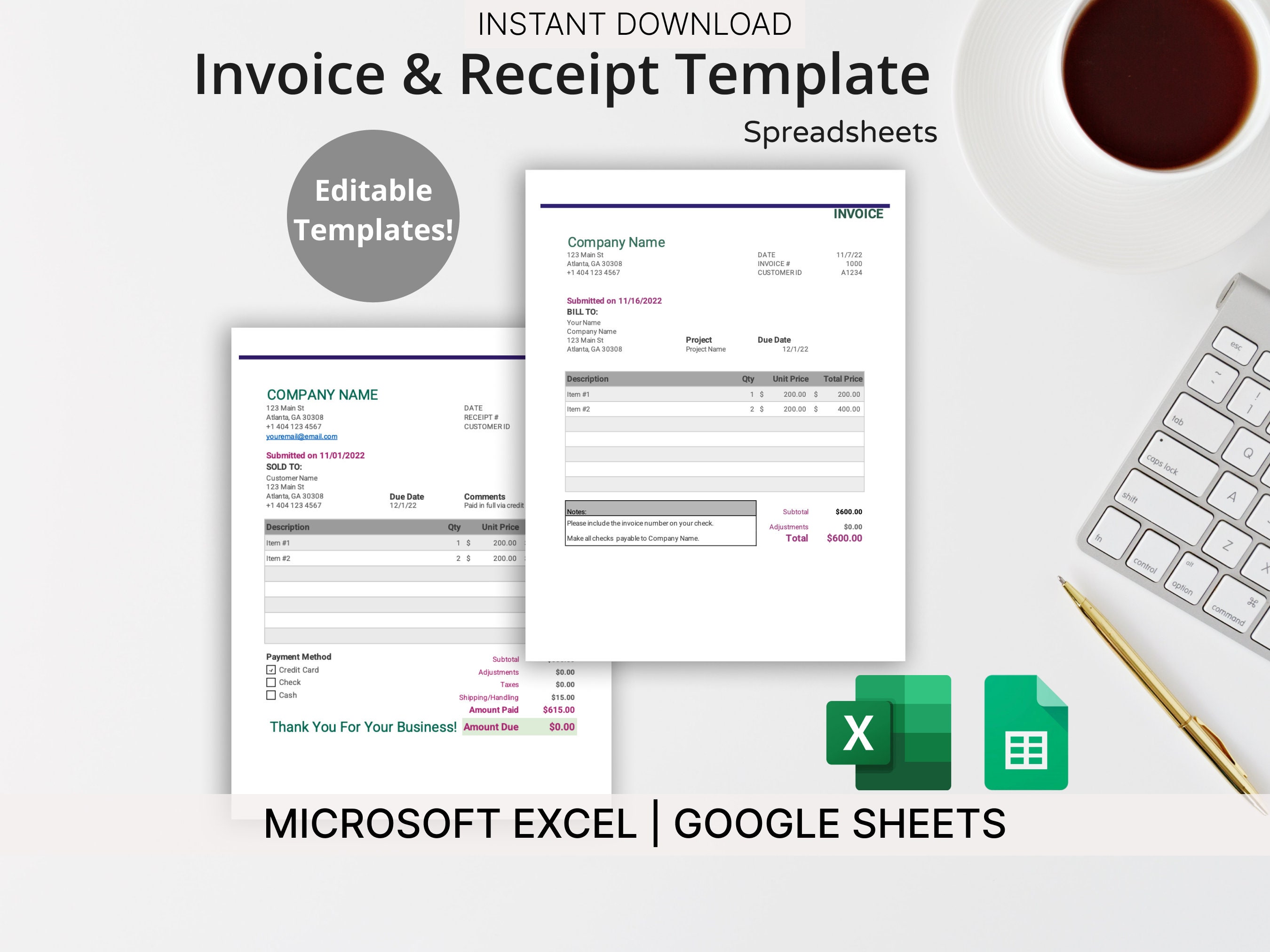 Invoice & Receipt Templates for Microsoft Excel/google Sheets ...
