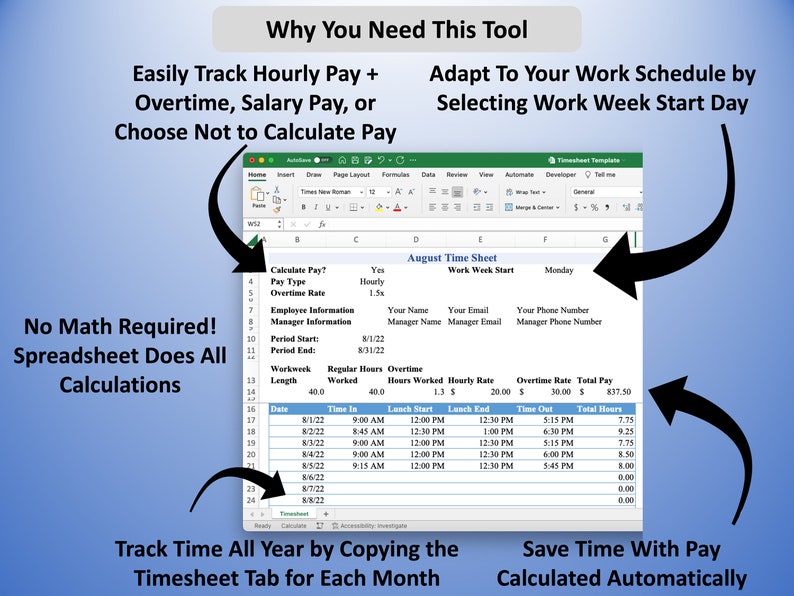 Monthly Timesheet Template for Microsoft Excel & Google Sheets (blue ...