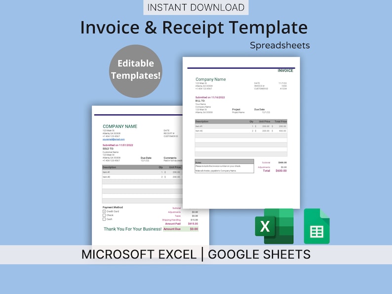 Invoice & Receipt Templates for Microsoft Excel/google Sheets ...
