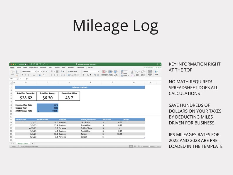 Timesheet & Mileage Log Spreadsheet Templates (blue) for Microsoft ...