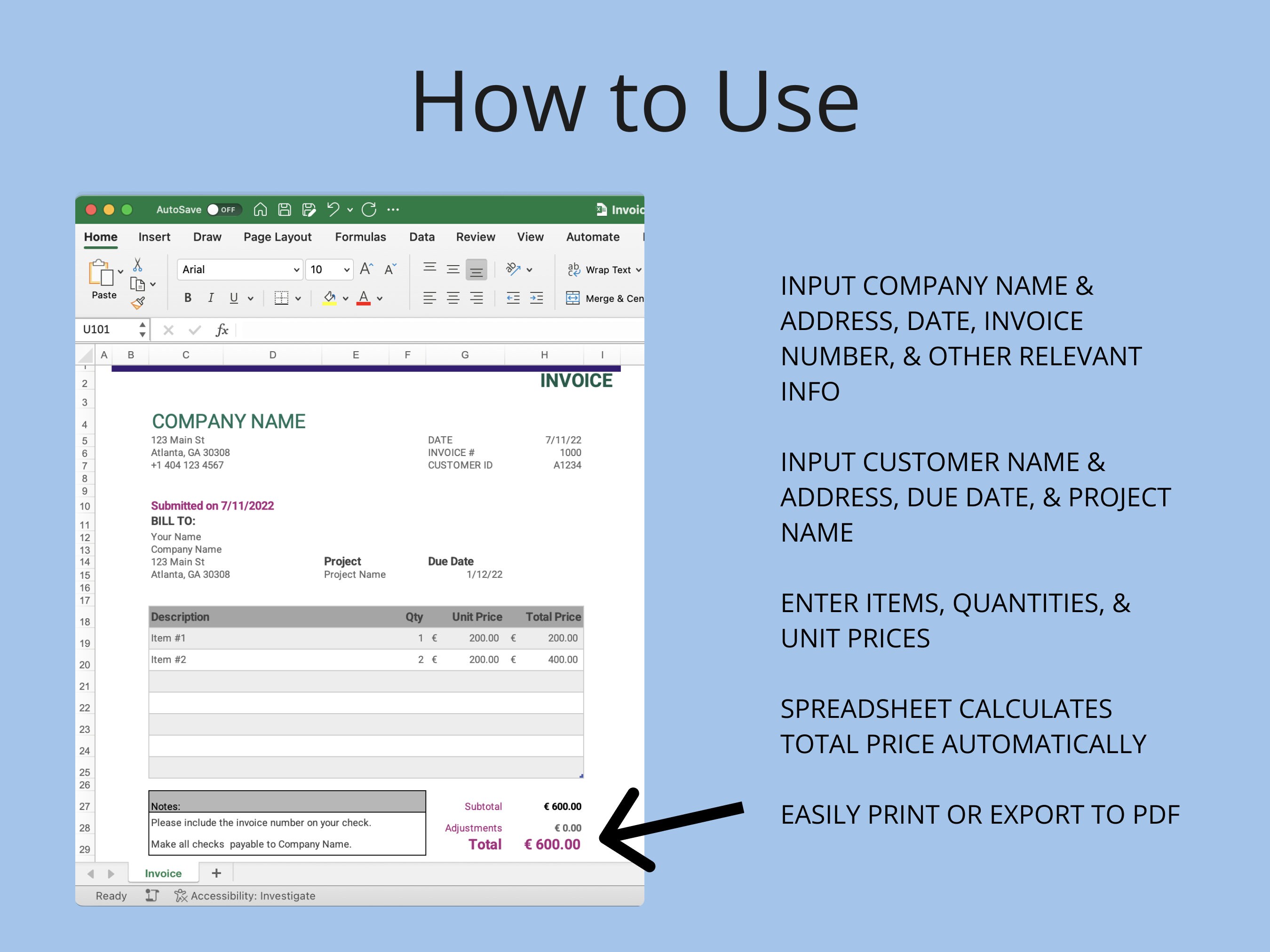 Business Invoice Template (euro) for Microsoft Excel & Google Sheets ...