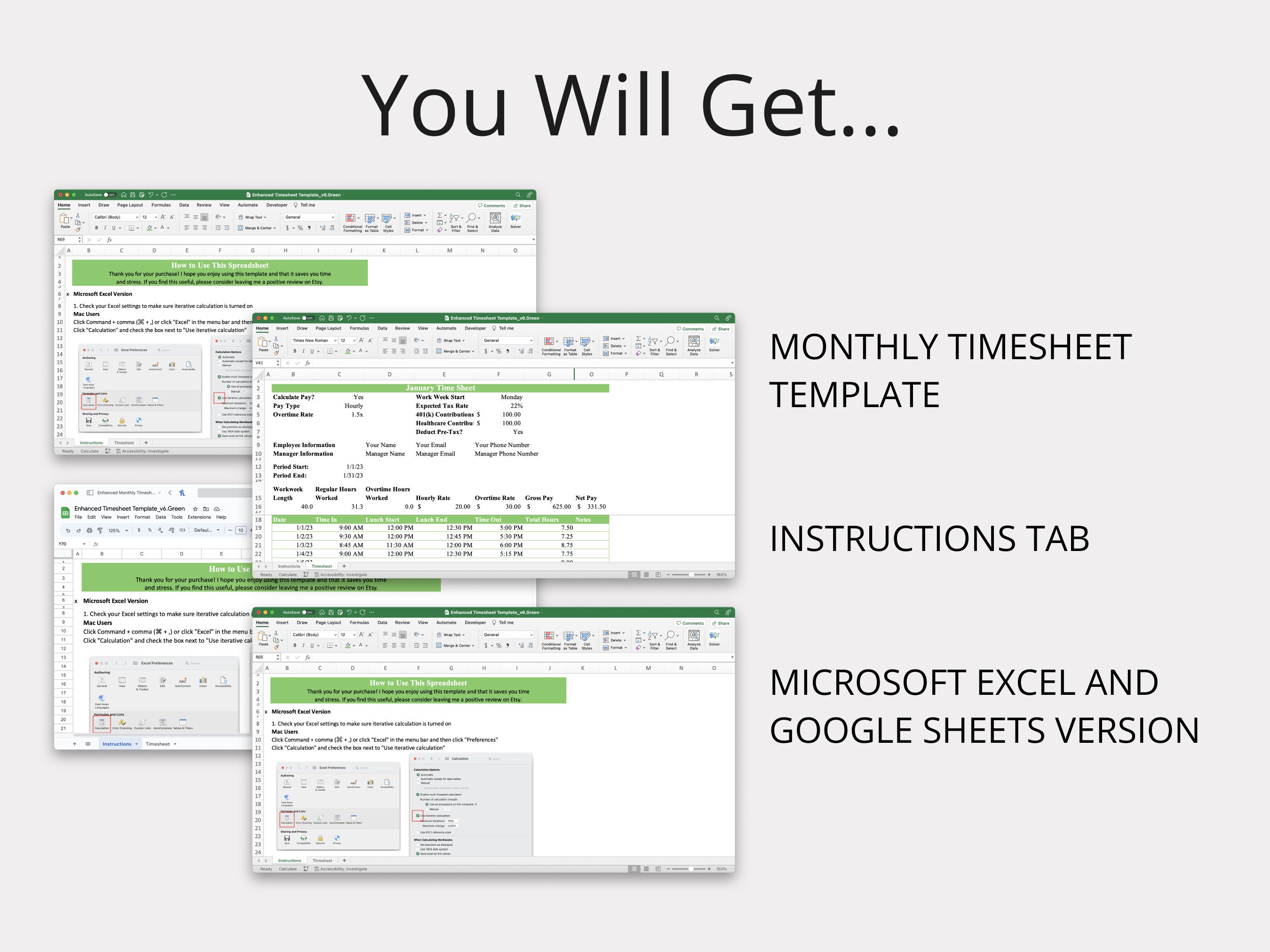 Enhanced Monthly Timesheet Template for Microsoft Excel & Google Sheets ...