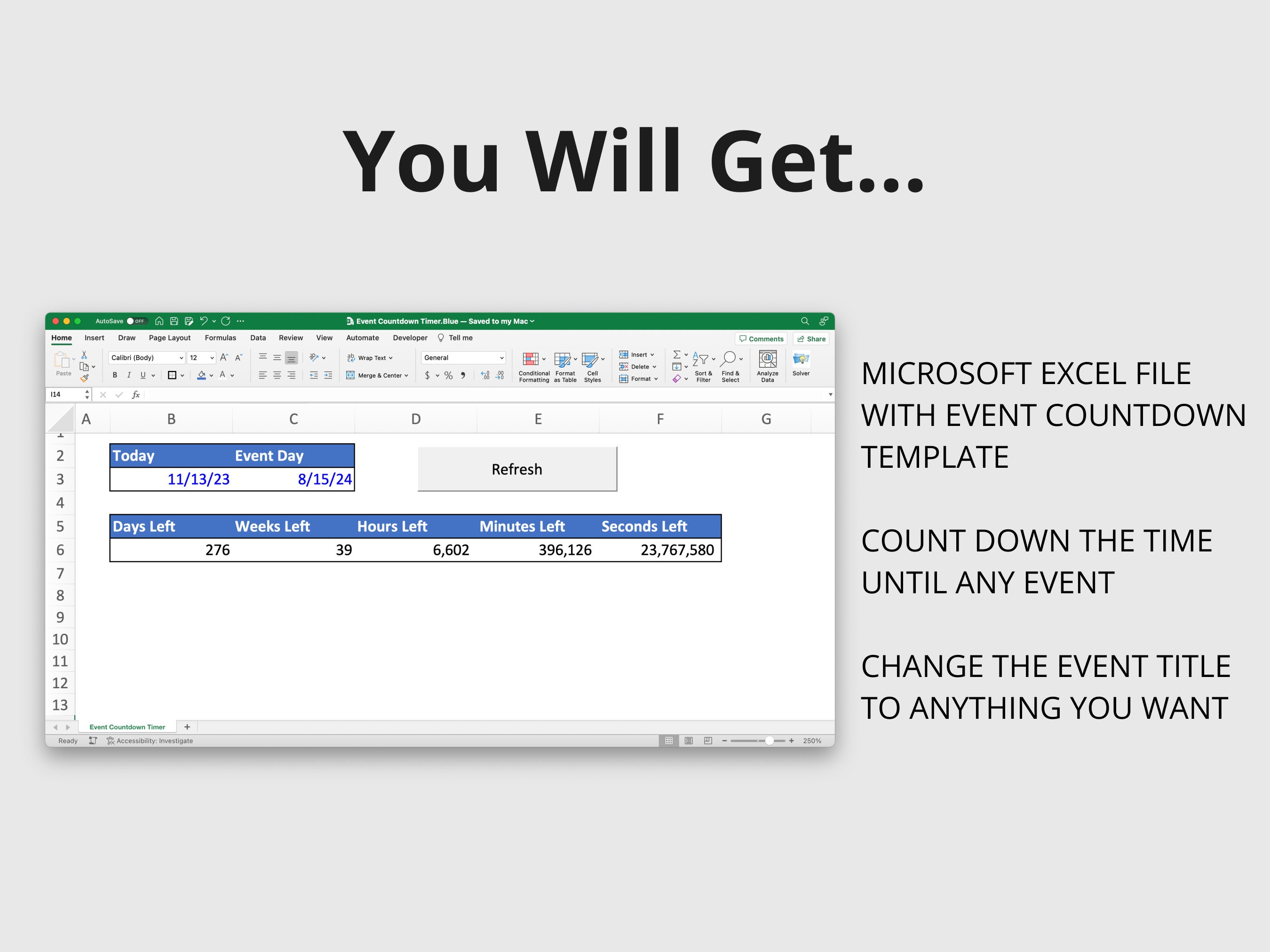 Event Countdown Timer for Microsoft Excel - Countdown Timer Spreadsheet, Event Tracker, Time ...