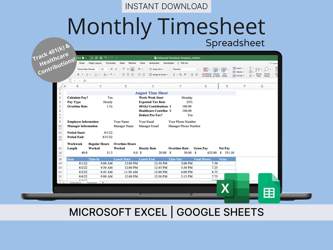Enhanced Monthly Timesheet Template for Microsoft Excel & Google Sheets ...