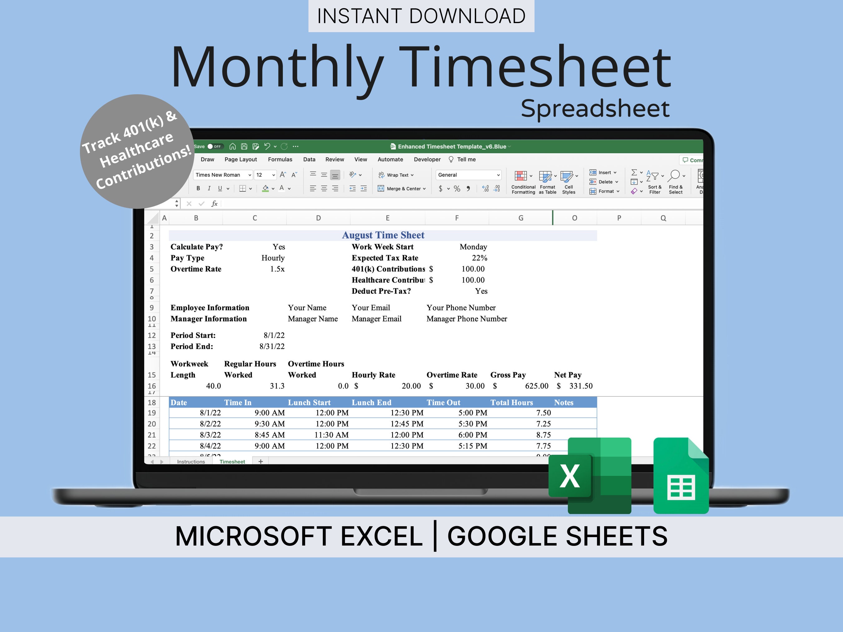 Enhanced Monthly Timesheet Template for Microsoft Excel & Google Sheets ...