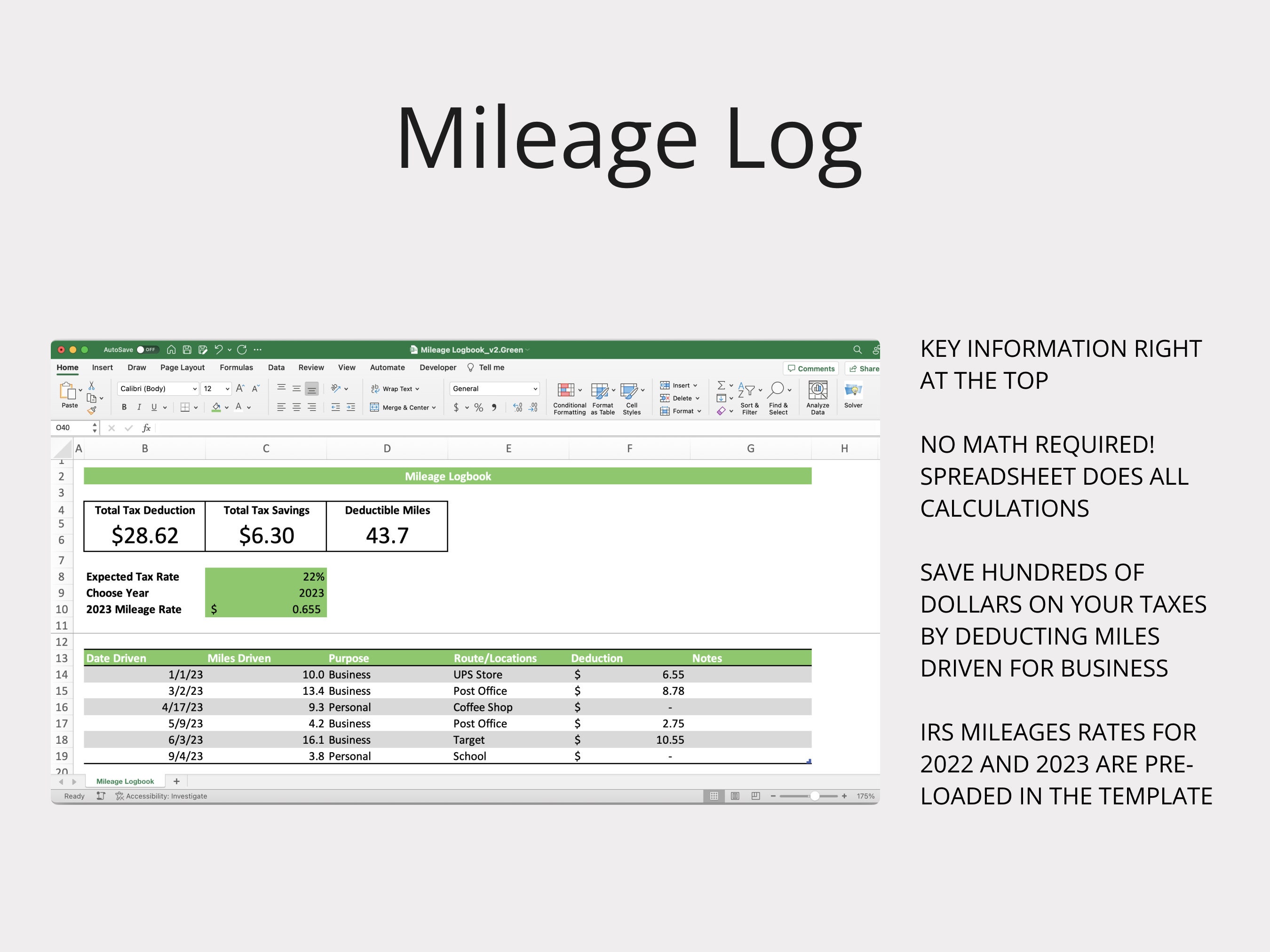 Mileage Log & Invoice Template for Microsoft Excel/google Sheets Easy ...