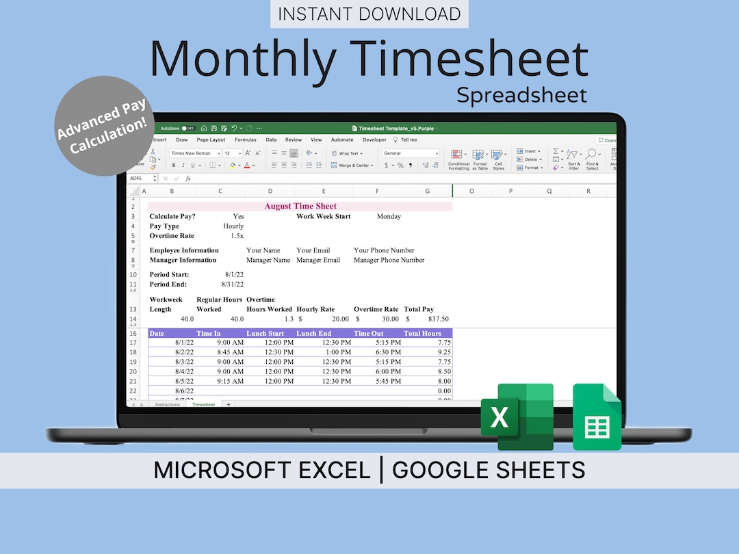 Monthly Timesheet Template for Microsoft Excel & Google Sheets (pink ...