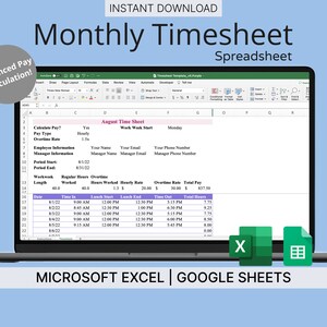 Monthly Timesheet Template for Microsoft Excel & Google Sheets (pink ...
