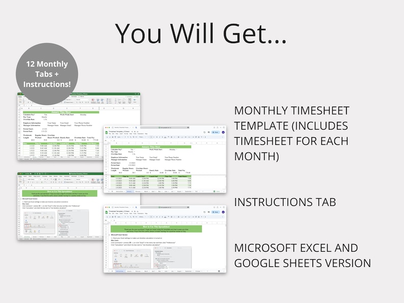 Monthly Timesheet Template for Microsoft Excel & Google Sheets green 12 ...