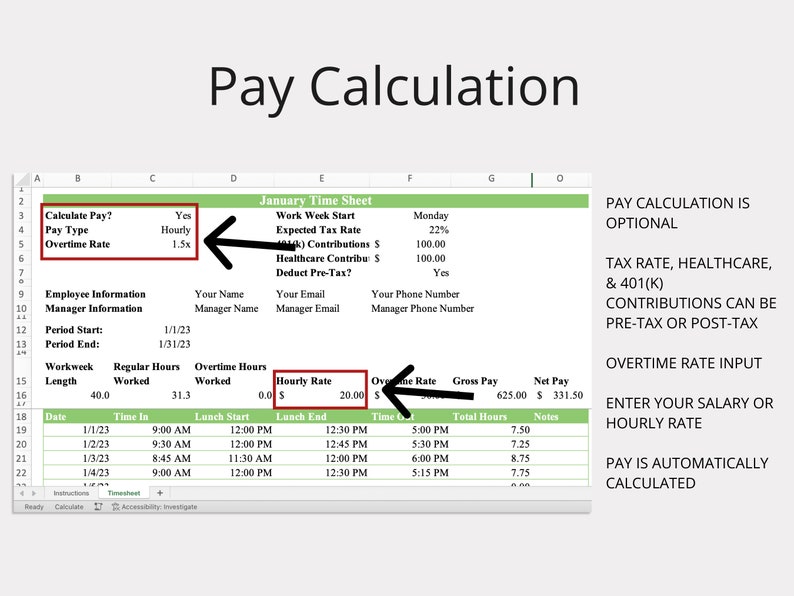 Enhanced Monthly Timesheet Template for Microsoft Excel & Google Sheets green Track Hours Worked ...