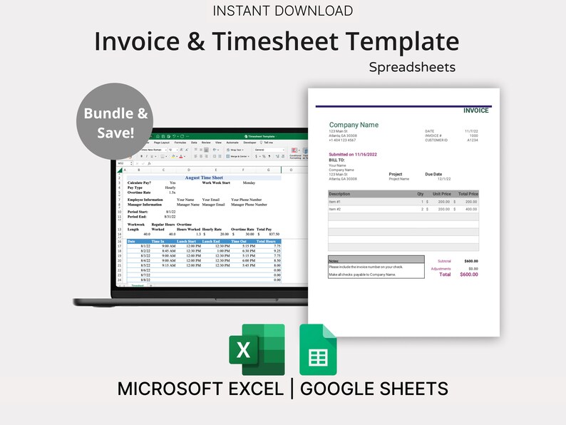 Invoice & Timesheet Templates for Microsoft Excel/google Sheets ...