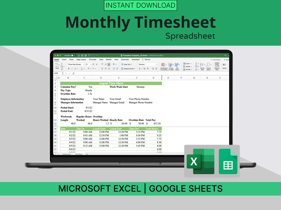 Timesheet Template for Microsoft Excel & Google Sheets green Track ...