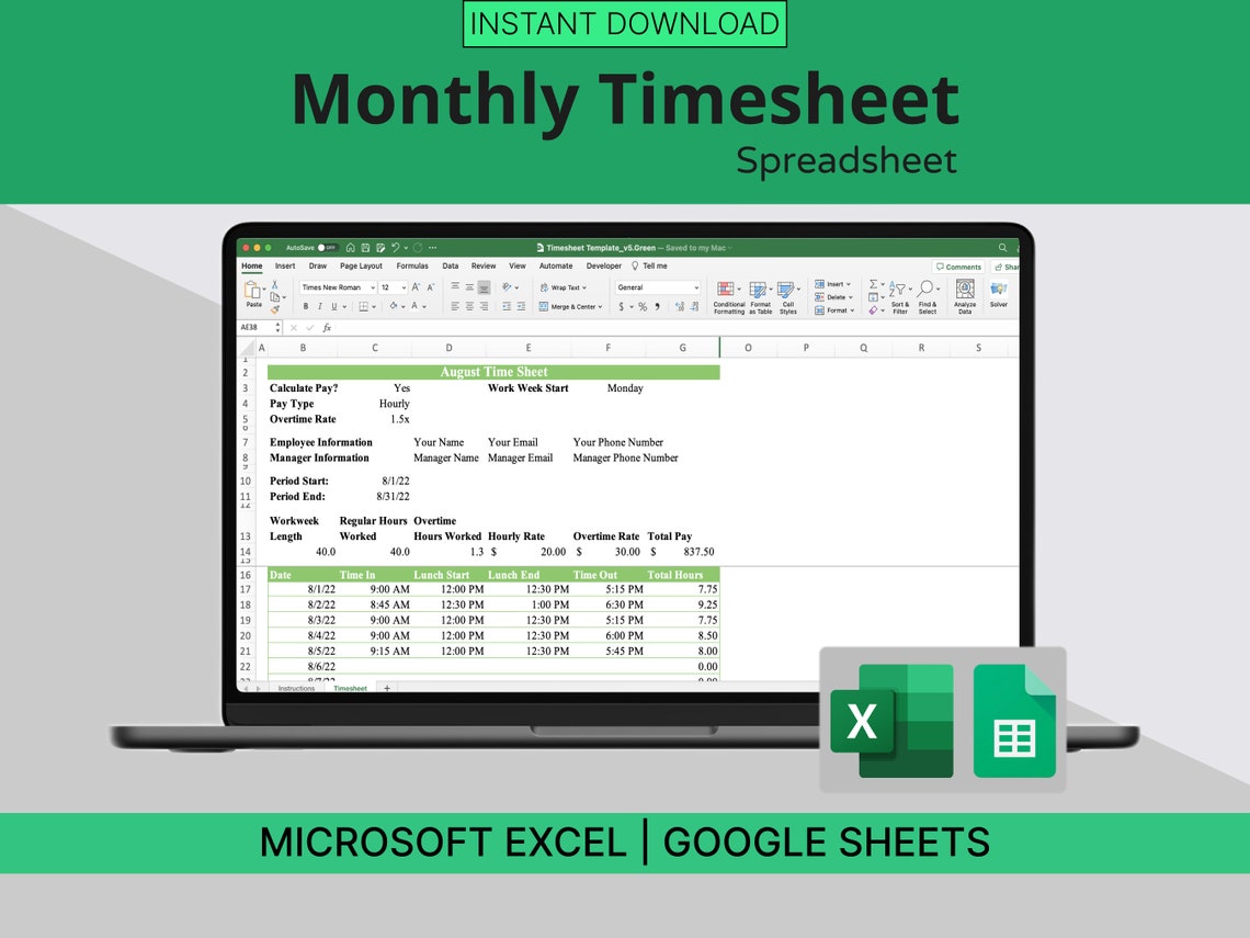 Timesheet Template for Microsoft Excel & Google Sheets green Track ...