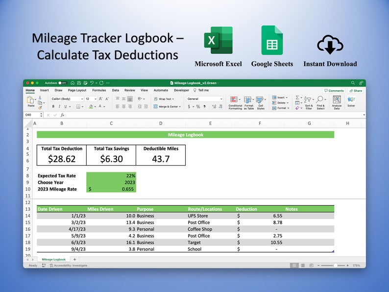 Mileage Logbook Tracker Template green for Microsoft Excel & - Etsy