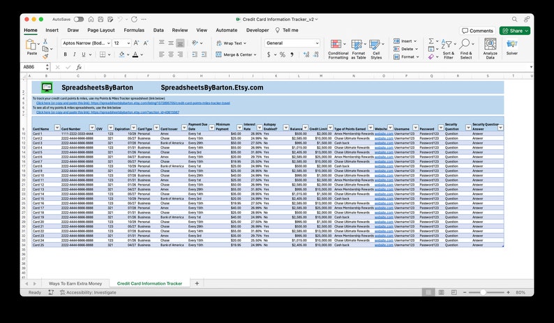 Credit Card Information Spreadsheet - Microsoft Excel & Google Sheets ...