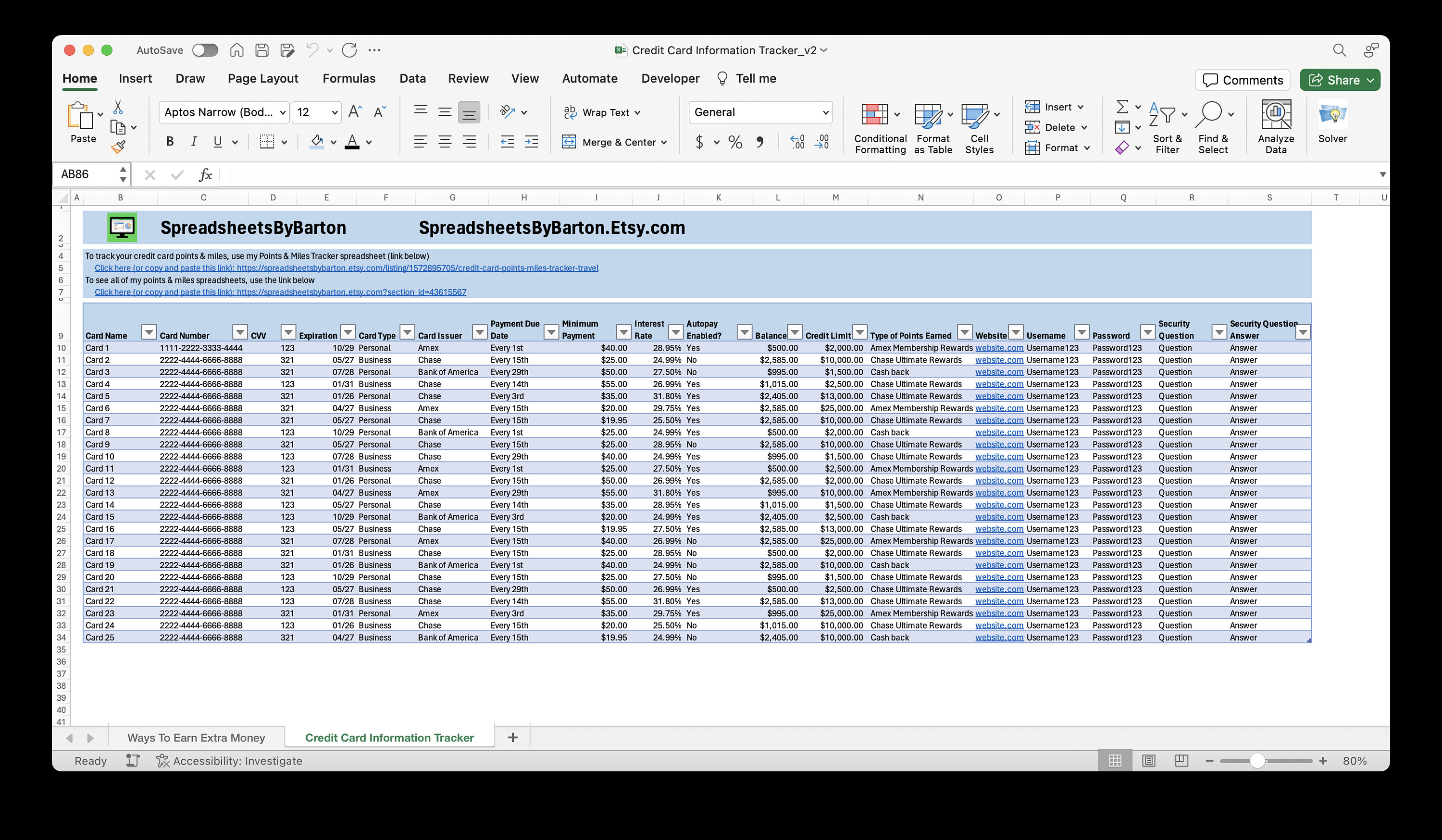 Credit Card Information Spreadsheet - Microsoft Excel & Google Sheets ...