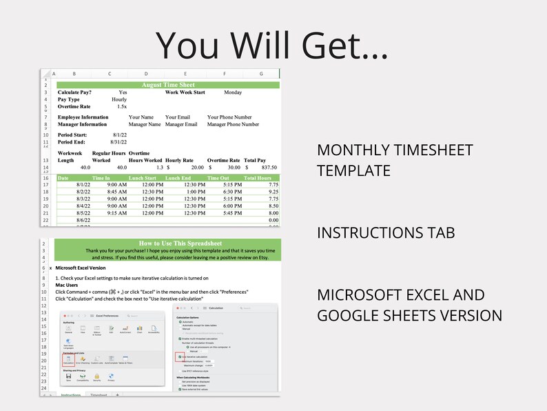 Monthly Timesheet Template for Microsoft Excel & Google Sheets (green ...