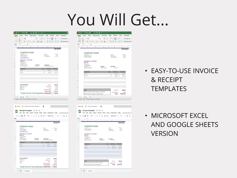 Invoice & Receipt Templates for Microsoft Excel/google Sheets ...