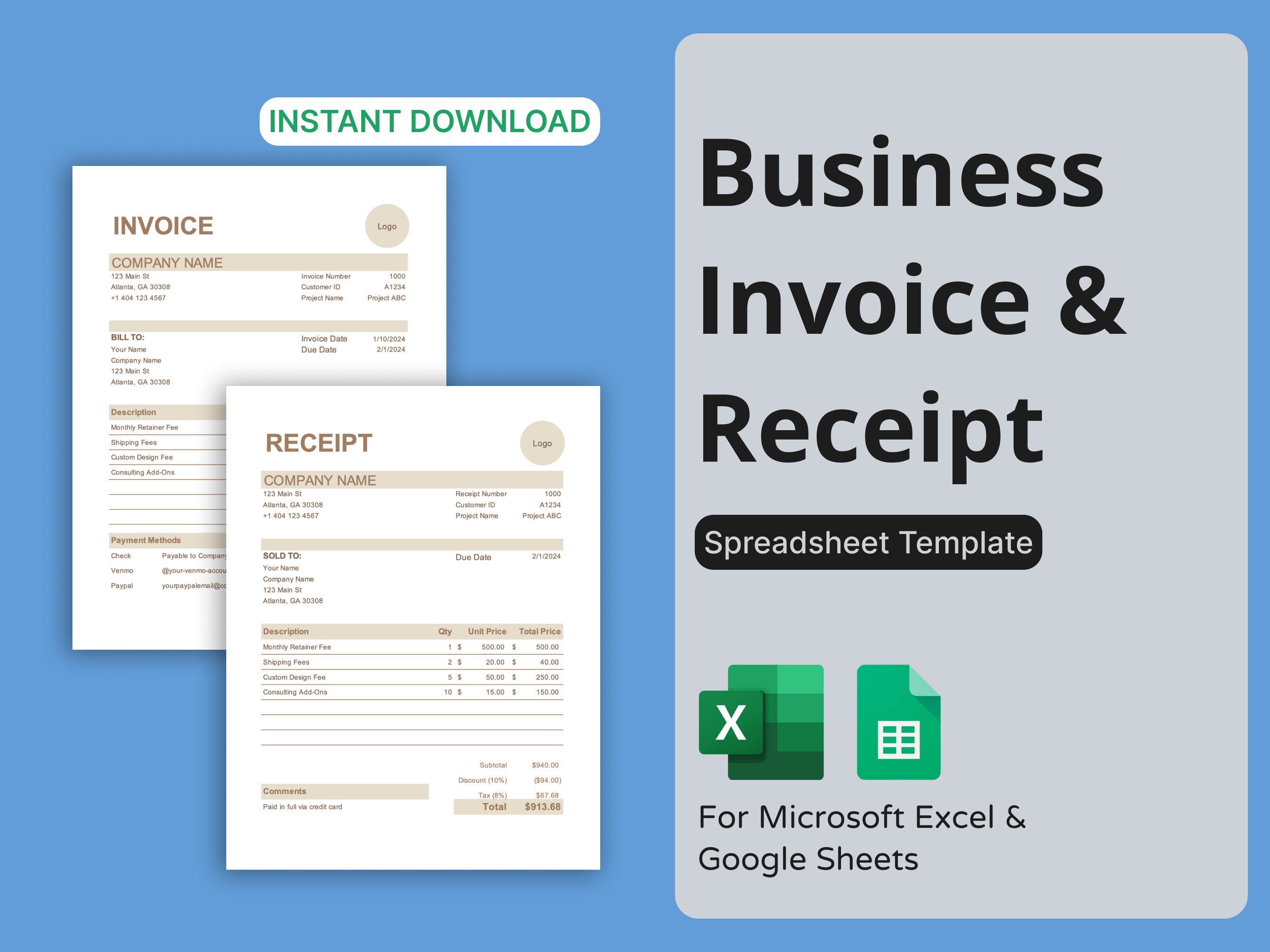 Invoice & Receipt Templates for Microsoft Excel/google Sheets Business ...