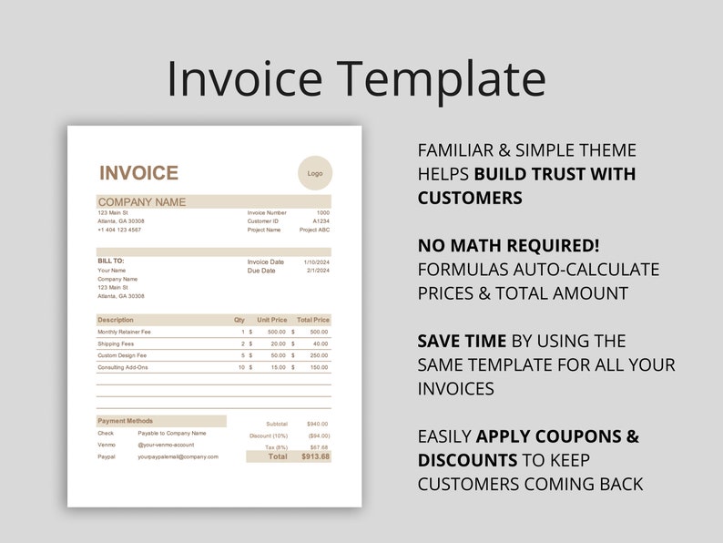 Business Invoice Template (tan) | Excel & Google Sheets | Easy to Use ...