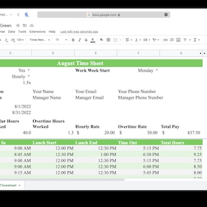 Monthly Timesheet Template for Microsoft Excel & Google Sheets (green ...