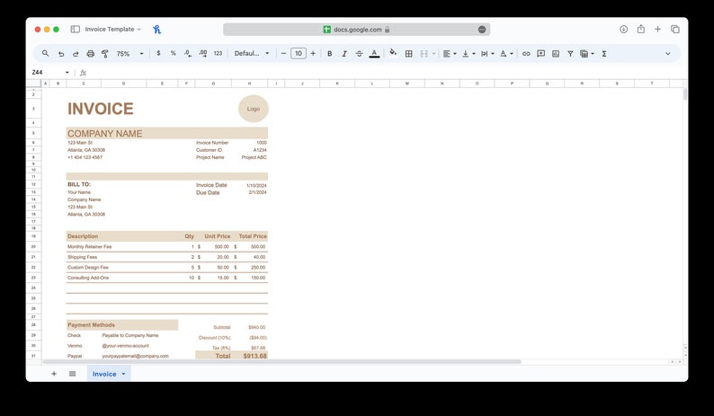 Business Invoice Template for Microsoft Excel & Google Sheets (tan ...