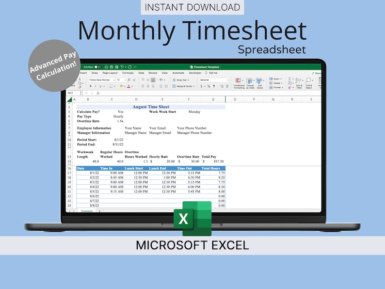 Monthly Timesheet Template for Microsoft Excel (blue) - Track Hours ...