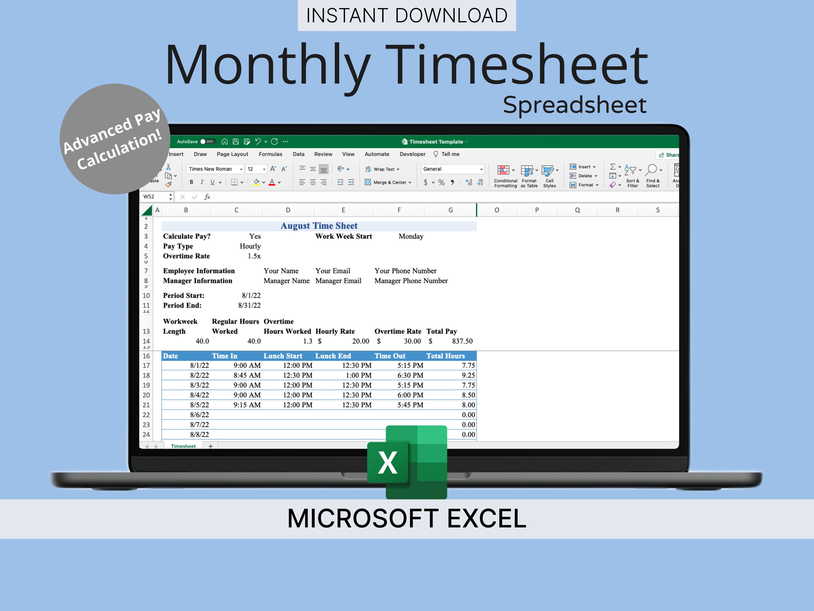 Monthly Timesheet Template for Microsoft Excel (blue) - Track Hours ...