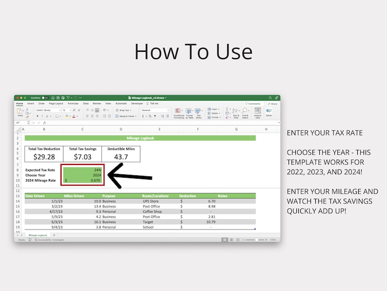 Mileage Log Template (green) for Microsoft Excel & Google Sheets ...