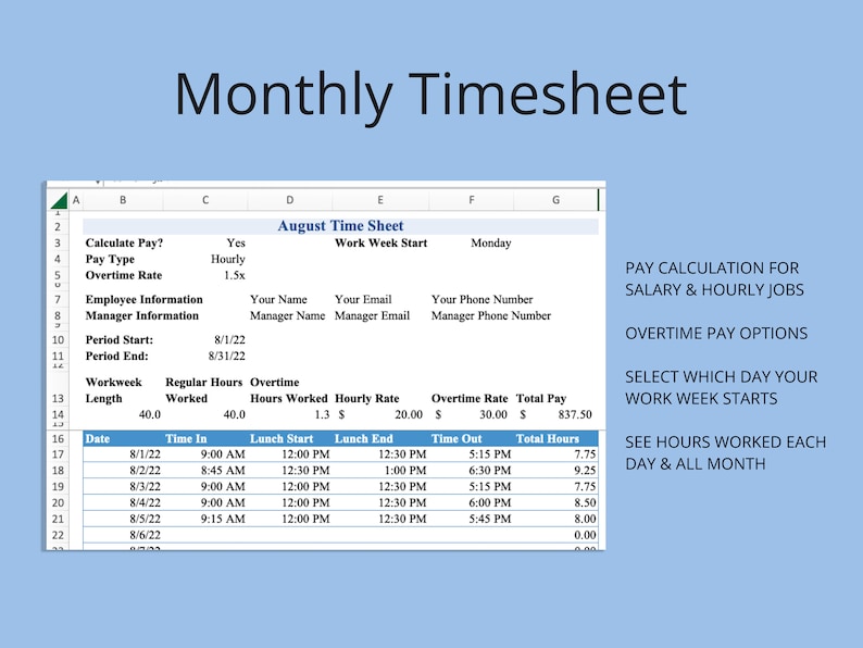 Monthly Timesheet Template for Microsoft Excel (blue) - Track Hours ...