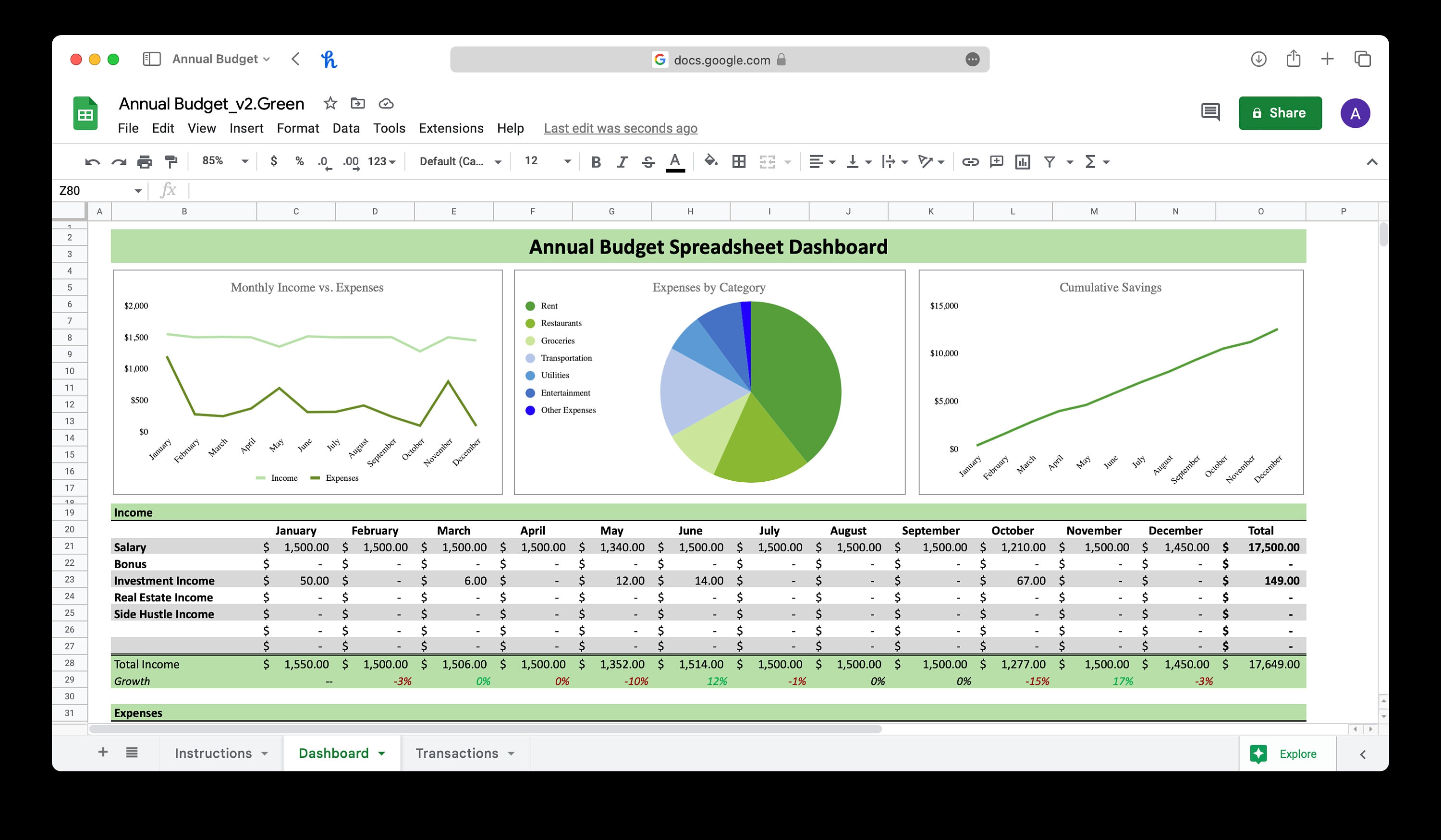 Budget Spreadsheet for Microsoft Excel & Google Sheets (green) - Track ...