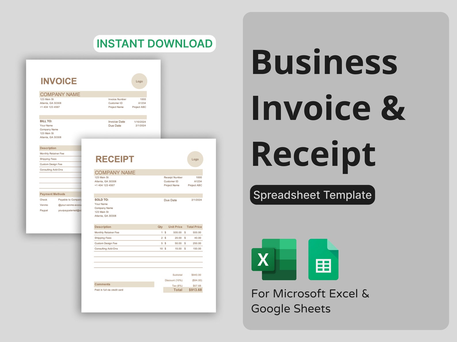 Invoice & Receipt Templates for Microsoft Excel/google Sheets ...