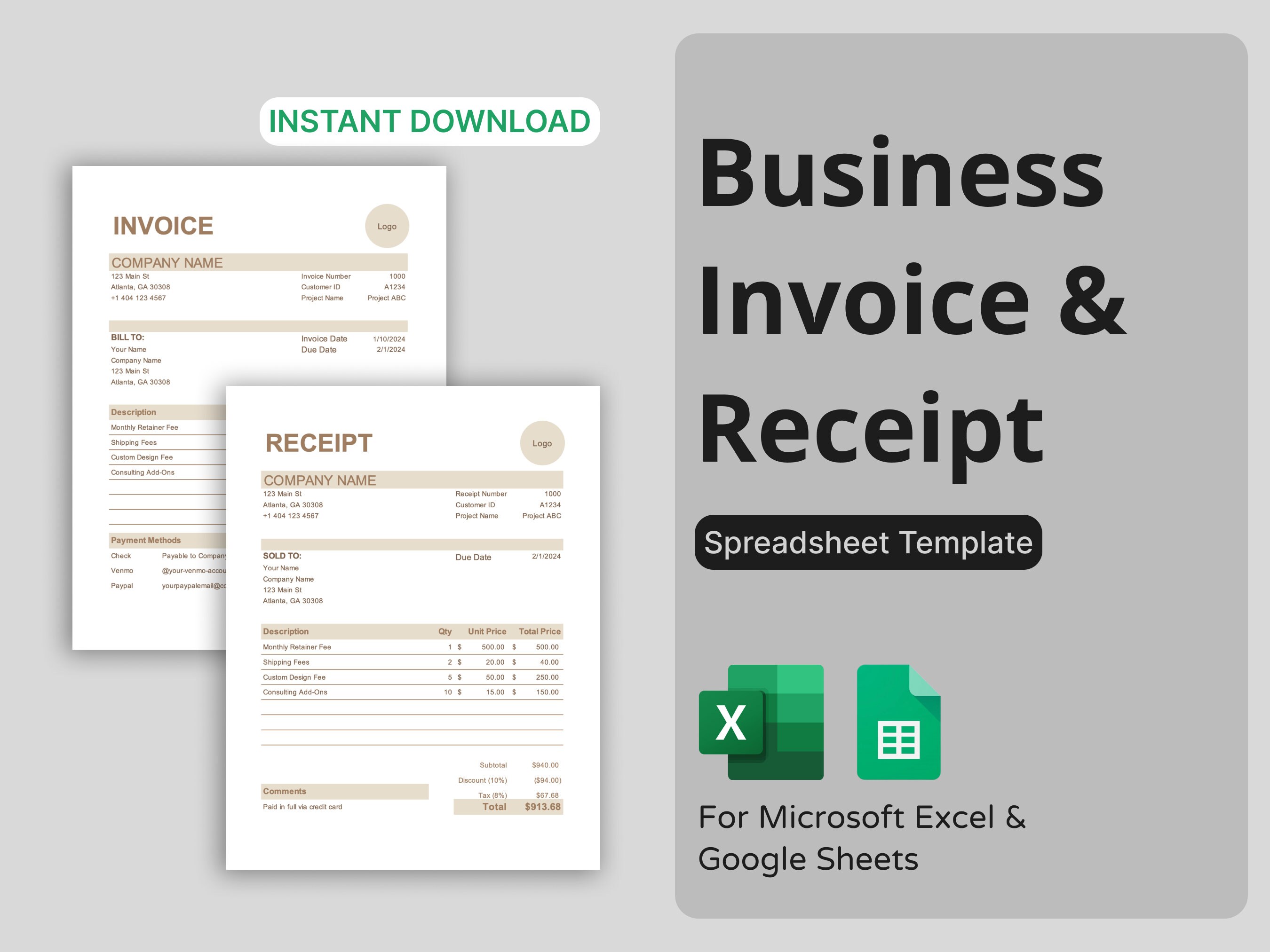 Invoice & Receipt Templates for Microsoft Excel/google Sheets ...