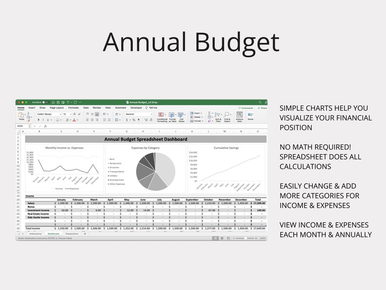 Annual Budget Spreadsheet for Microsoft Excel & Google Sheets (gray ...