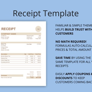 Business Receipt Template for Microsoft Excel & Google Sheets (tan ...