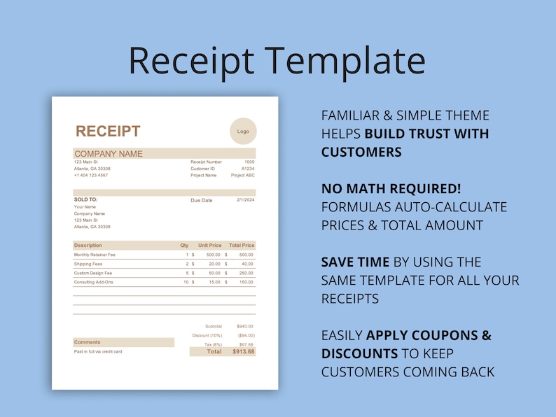 Business Receipt Template for Microsoft Excel & Google Sheets (tan ...