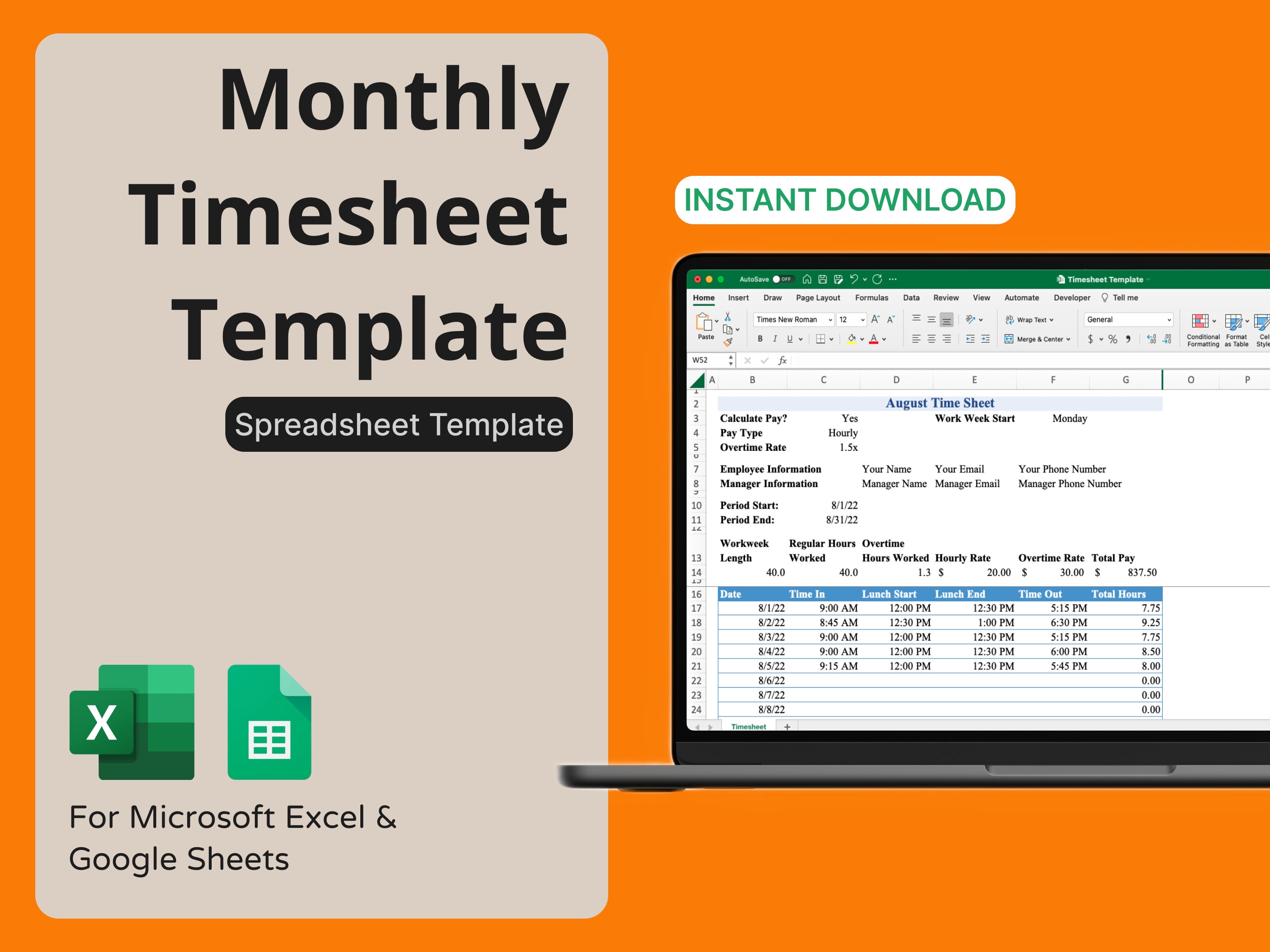 Monthly Timesheet Template for Microsoft Excel & Google Sheets blue ...