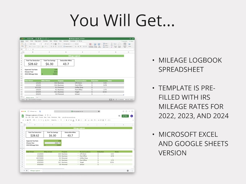 Mileage Log Template (green) for Microsoft Excel & Google Sheets ...