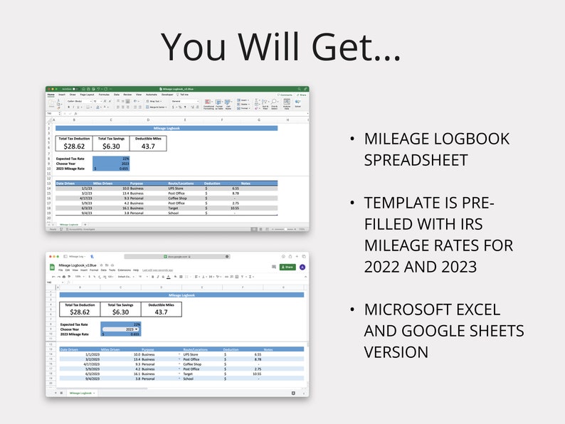 Timesheet & Mileage Log Spreadsheet Templates blue for Microsoft Excel ...