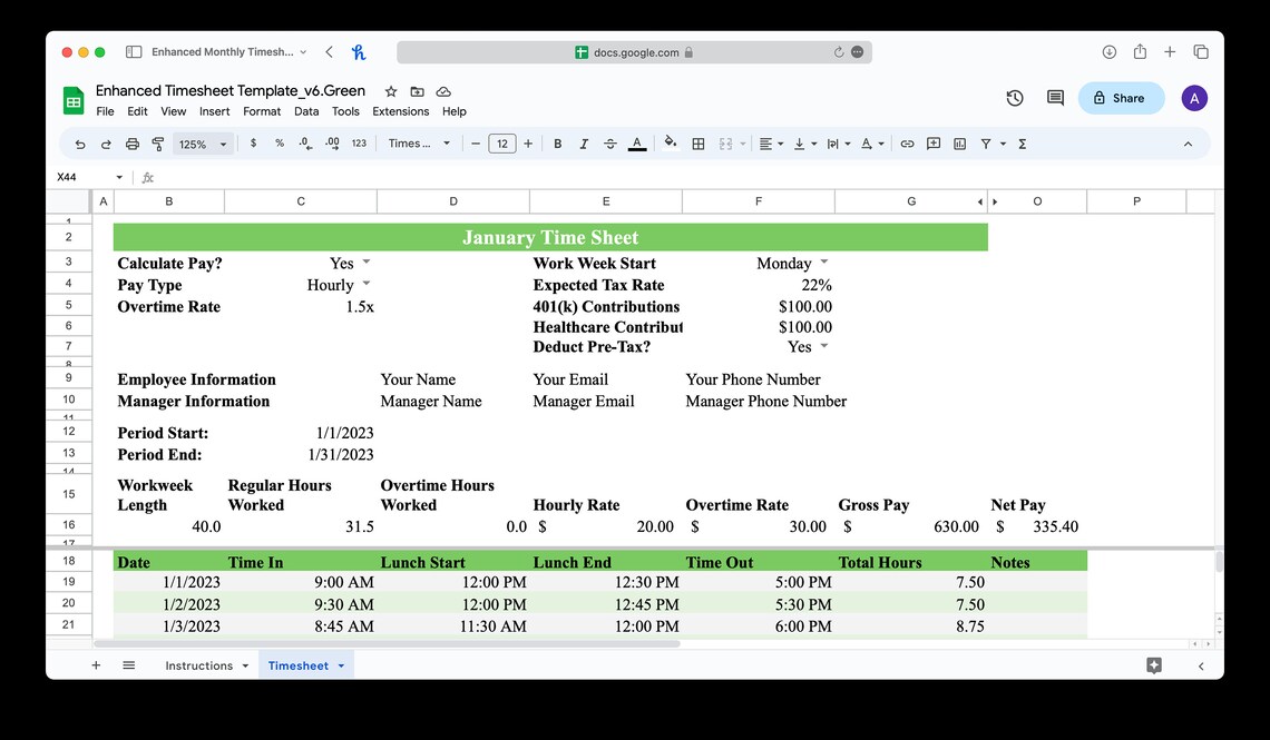 Enhanced Monthly Timesheet Template for Microsoft Excel & Google Sheets ...