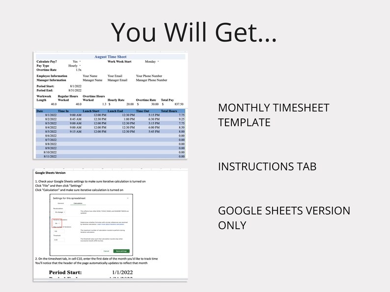 Monthly Timesheet Template for Google Sheets (blue) - Track Hours ...