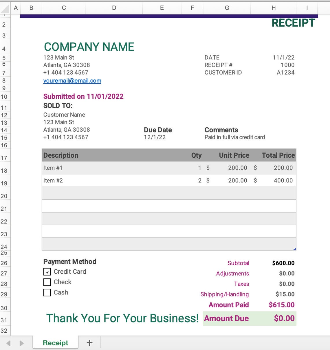 Business Receipt Template for Microsoft Excel & Google Sheets - Etsy