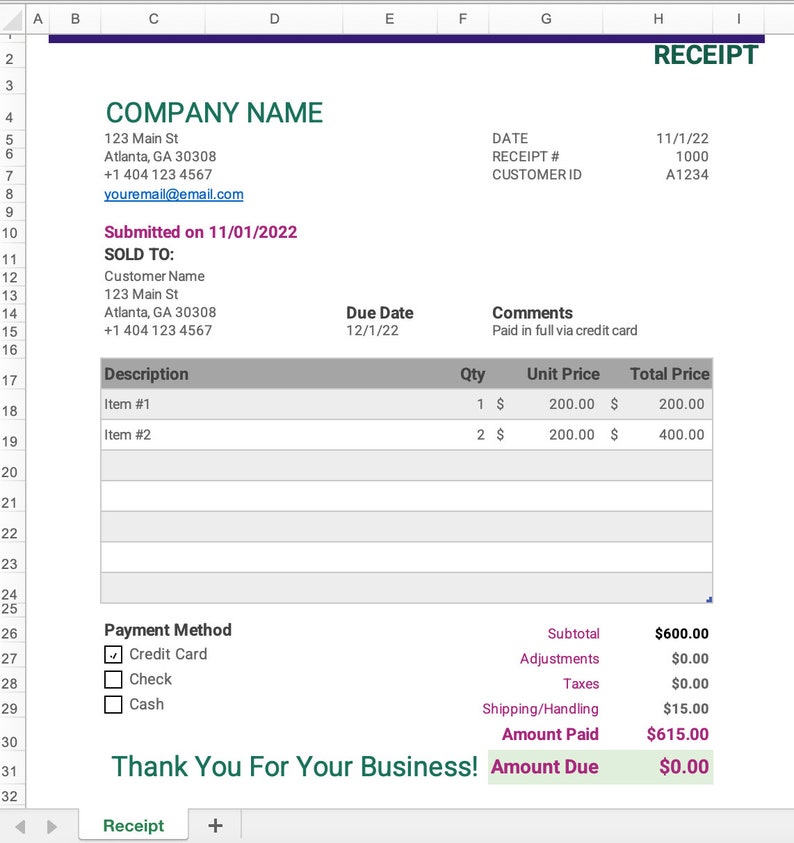 Business Receipt Template for Microsoft Excel & Google Sheets - Easy to ...