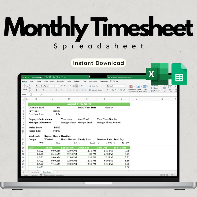 Monthly Timesheet Template (green) | Excel & Google Sheets | Track ...