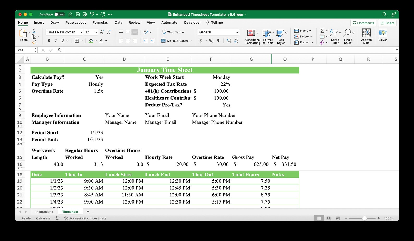 Enhanced Monthly Timesheet Template for Microsoft Excel & Google Sheets ...