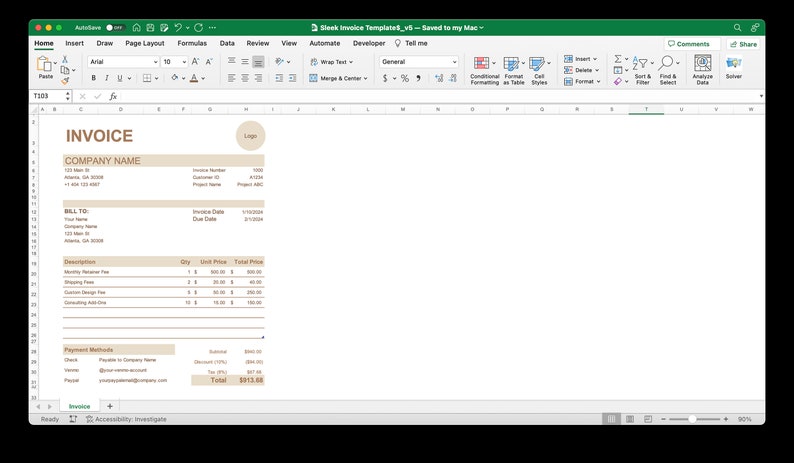 Business Invoice Template for Microsoft Excel & Google Sheets (tan ...